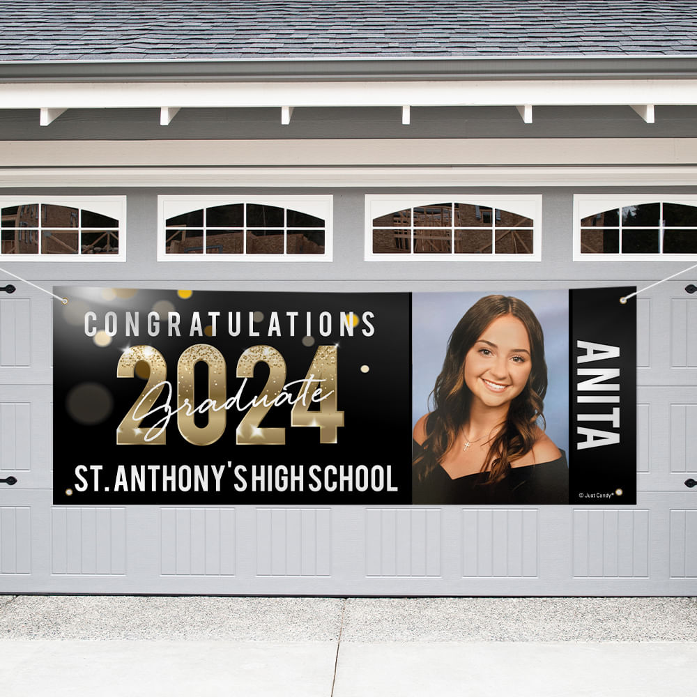Personalized Garage Graduation Banner - Black & Gold Sparkle ...