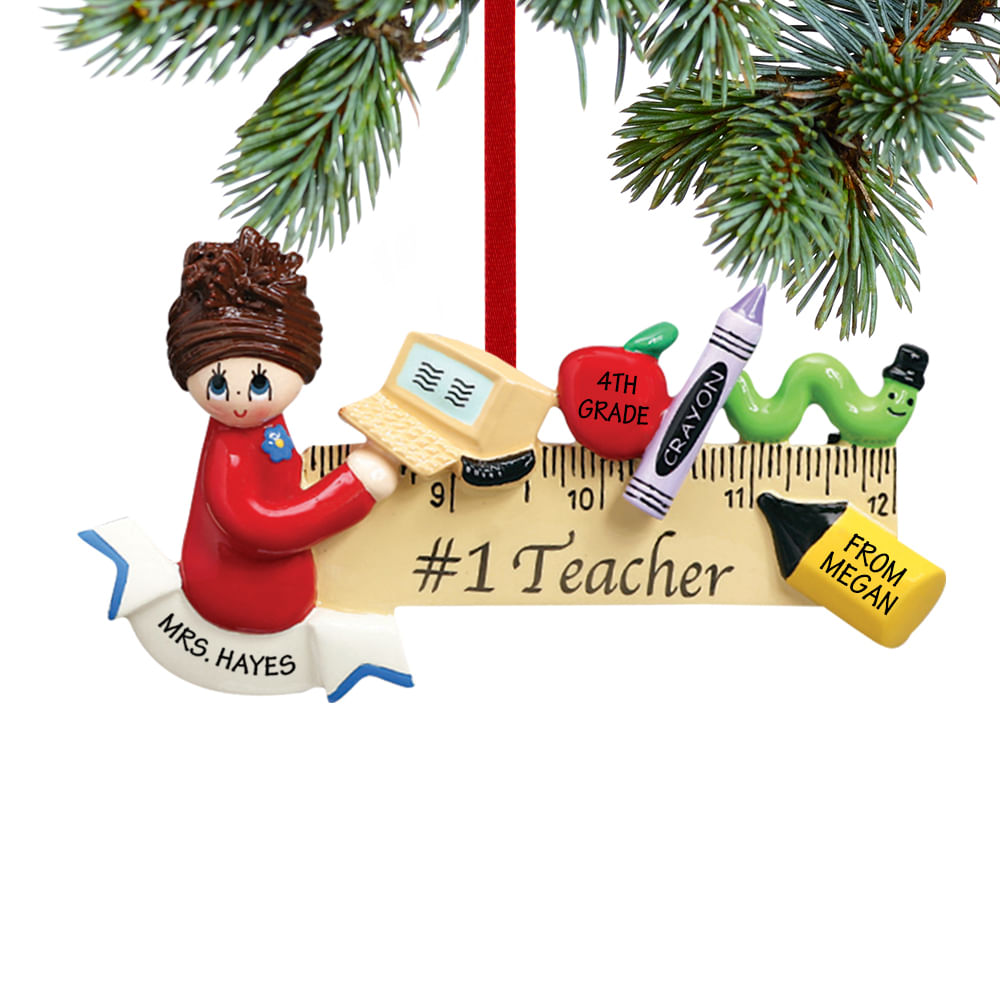 Personalized Teacher with Computer on Ruler Christmas Ornament ...