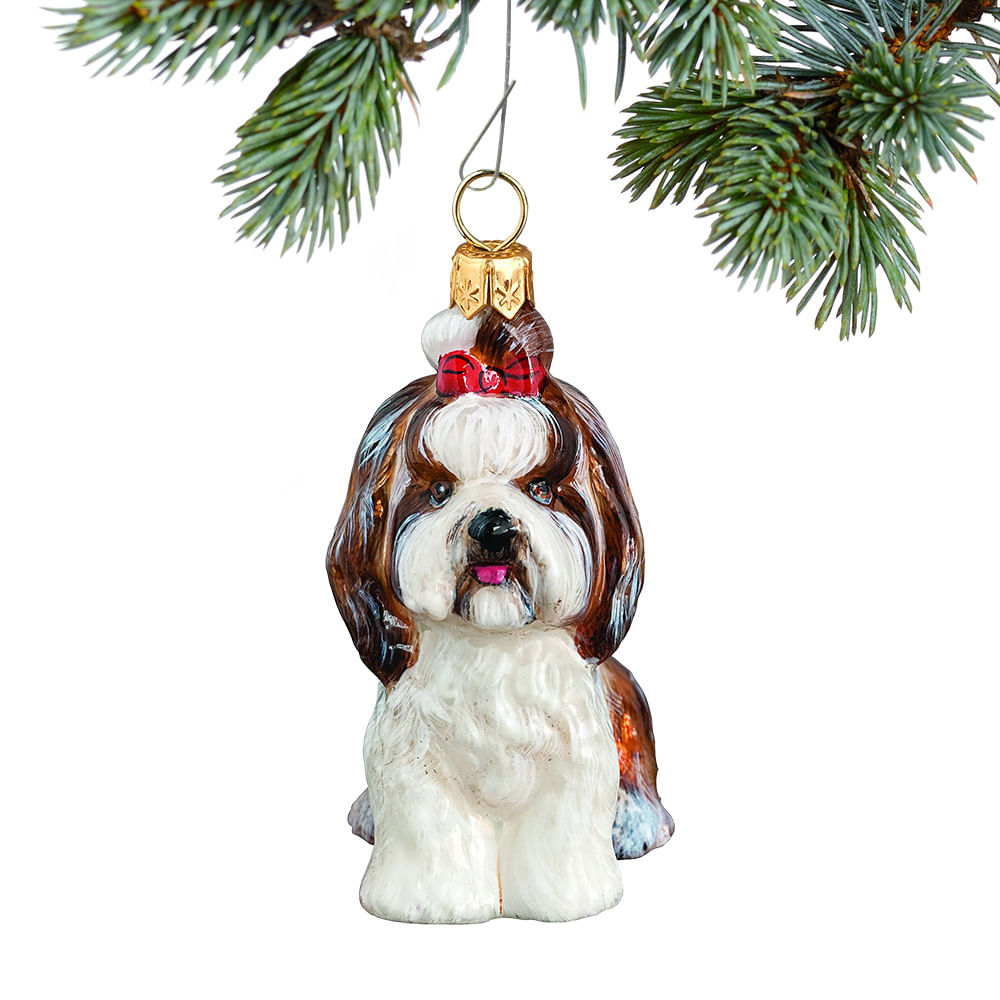 Glass Shih Tzu with Top Knot Brown and White Christmas Ornament ...