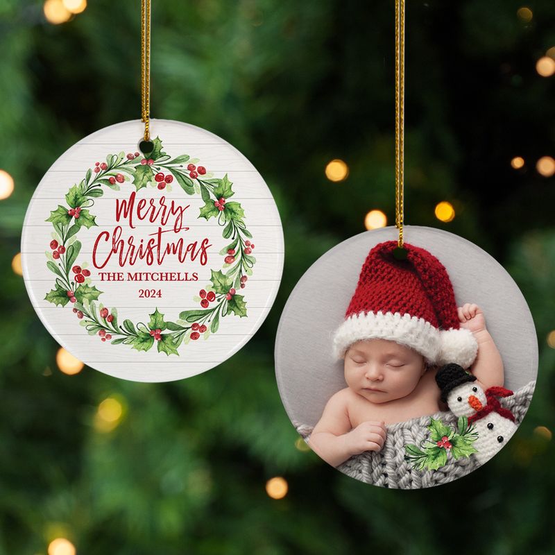 Personalized Wreath Family Photo Christmas Ornament